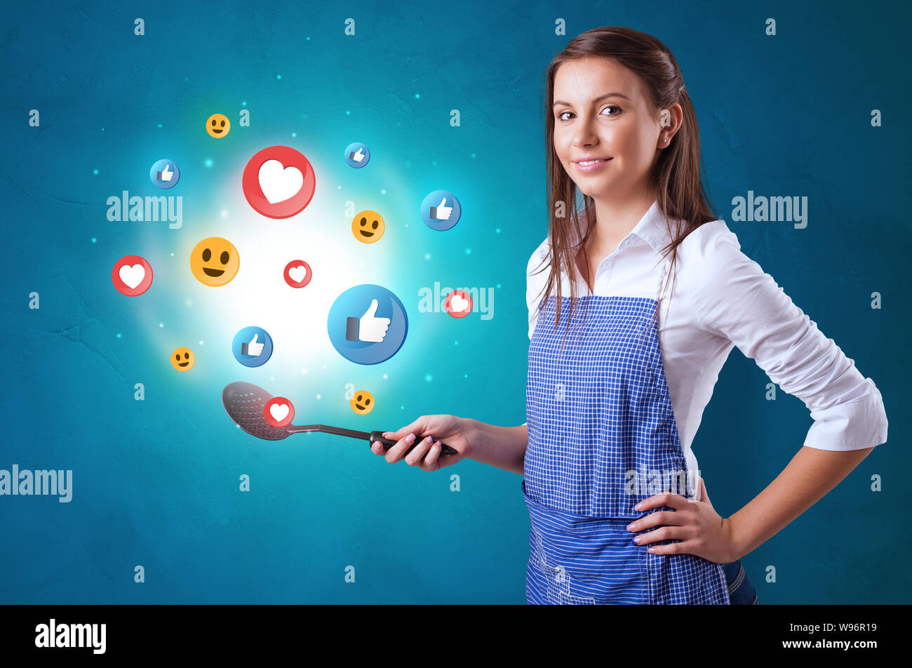 Young happy person cooking social media concept in wok Stock Photo - Alamy