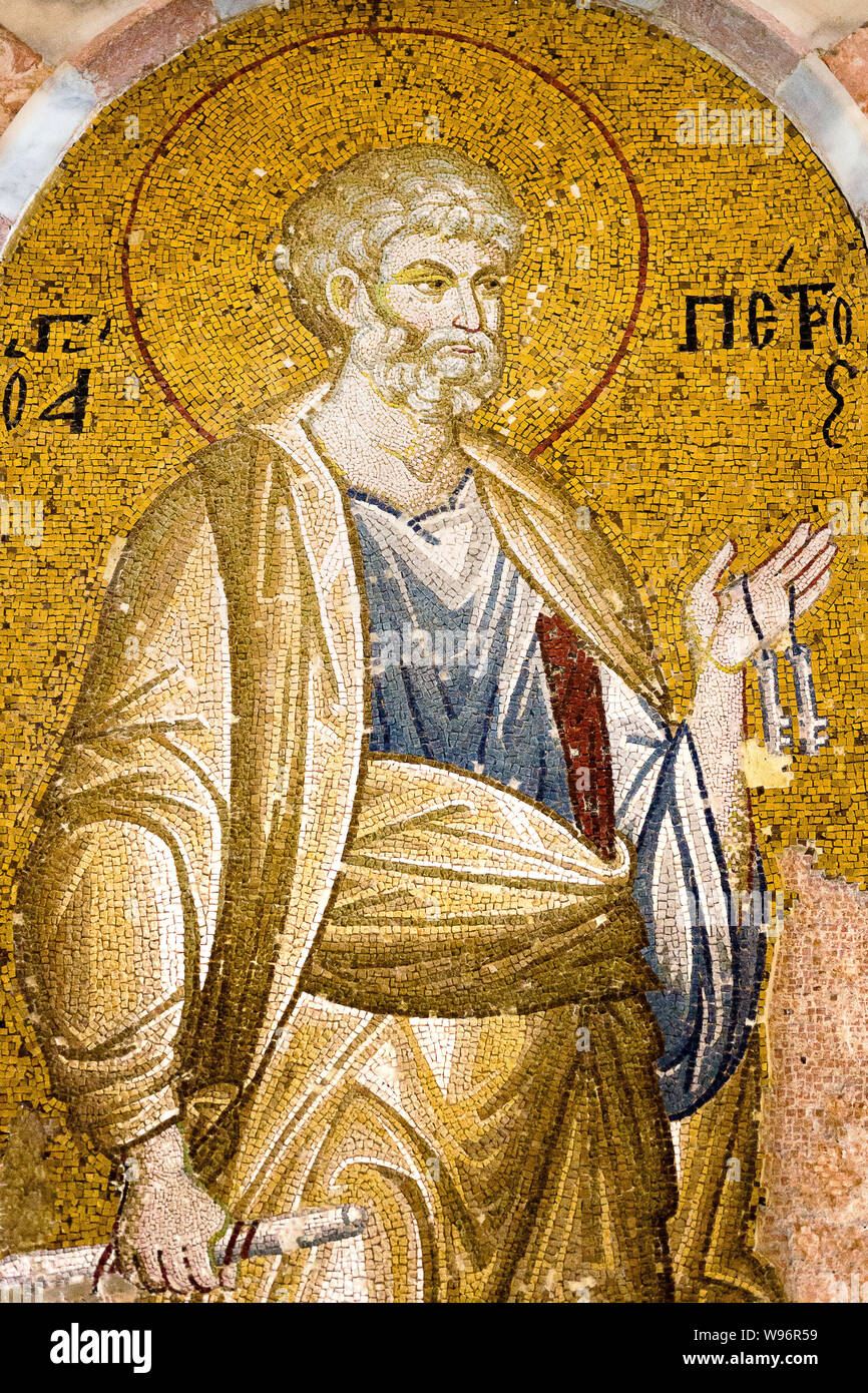 Saint Peter with the keys of heaven and a scroll. Mosaic in Cora Church ...