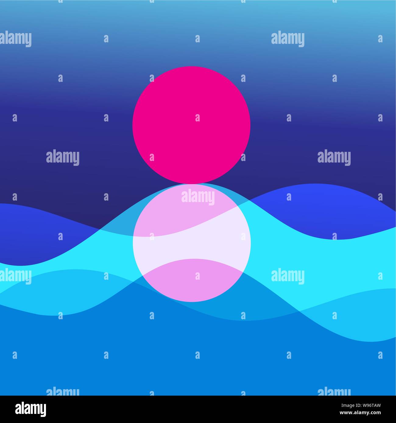 Vector graphic illustration of abstract landscape with sunny sunset and ...