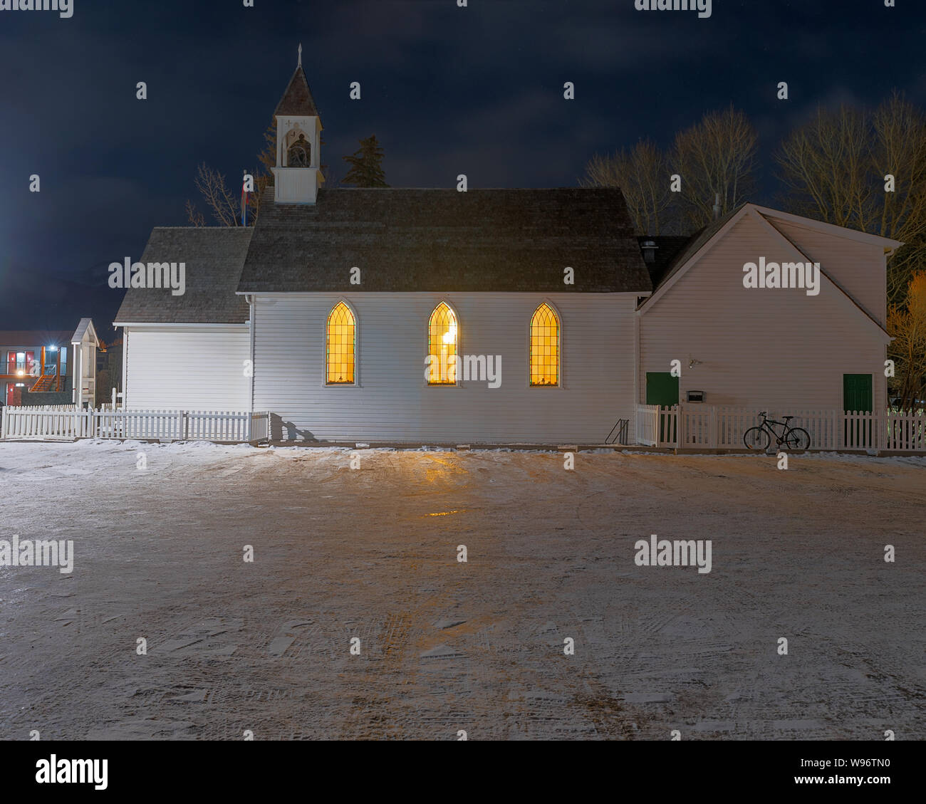 Night View of United Church in Canmore, Alberta, Canada Stock Photo - Alamy