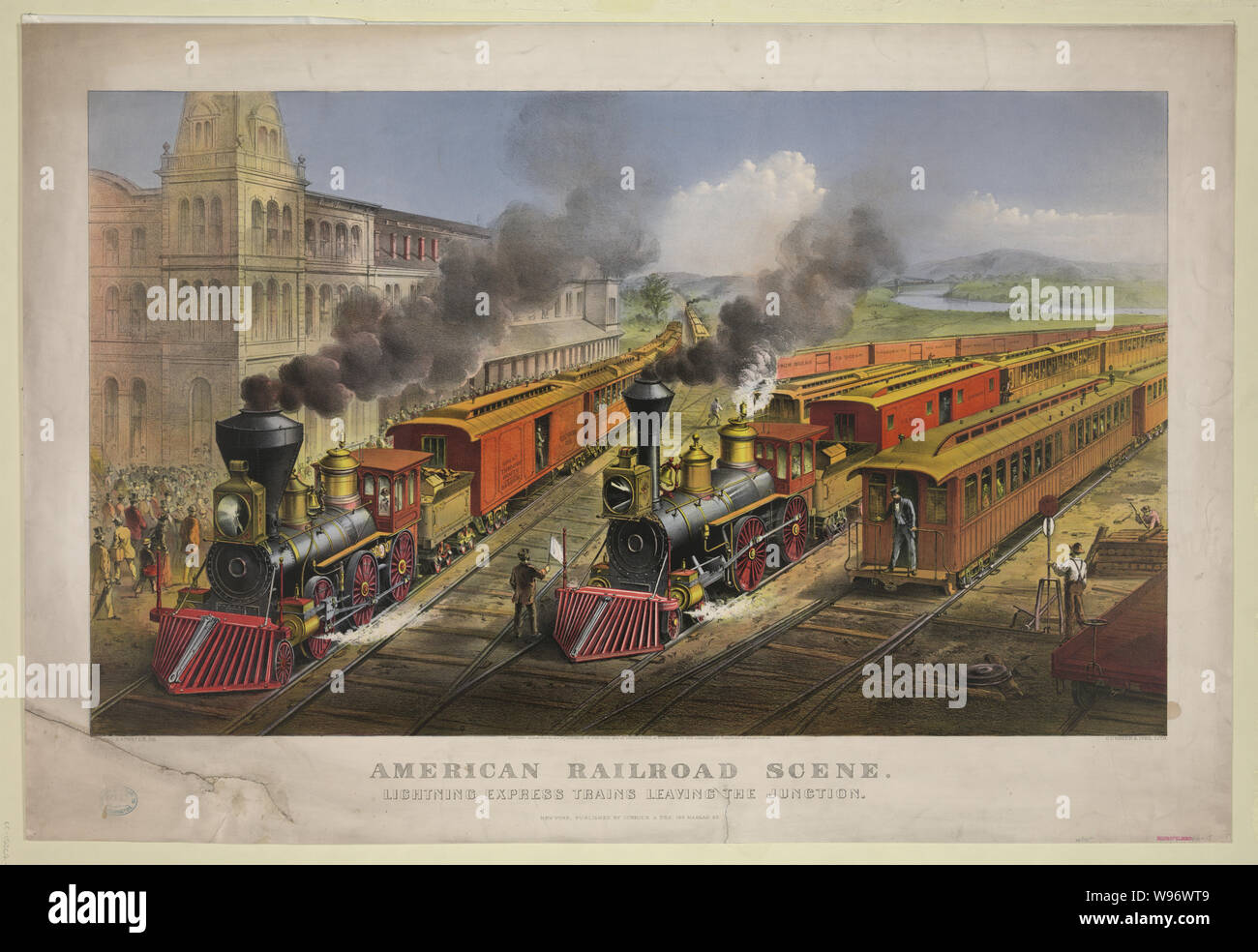 American railroad scene: lightning express trains leaving the junction ...