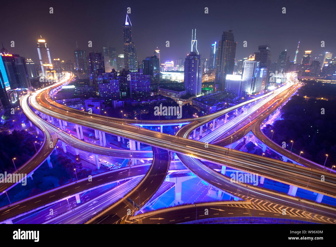--FILE--Night view of elevated highways illuminated by LED lights in ...