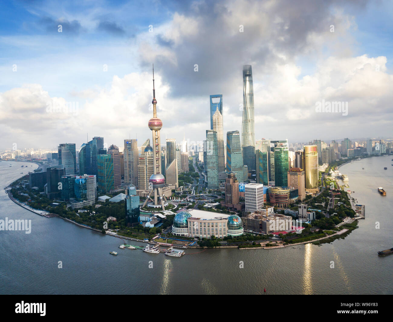 Aerial view of Shanghai modern skyscrapers rising above Haungpu river ...