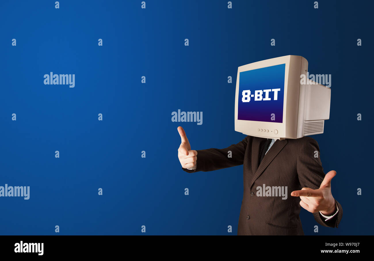 Young person with monitor head, old school 8-BIT concept Stock Photo ...