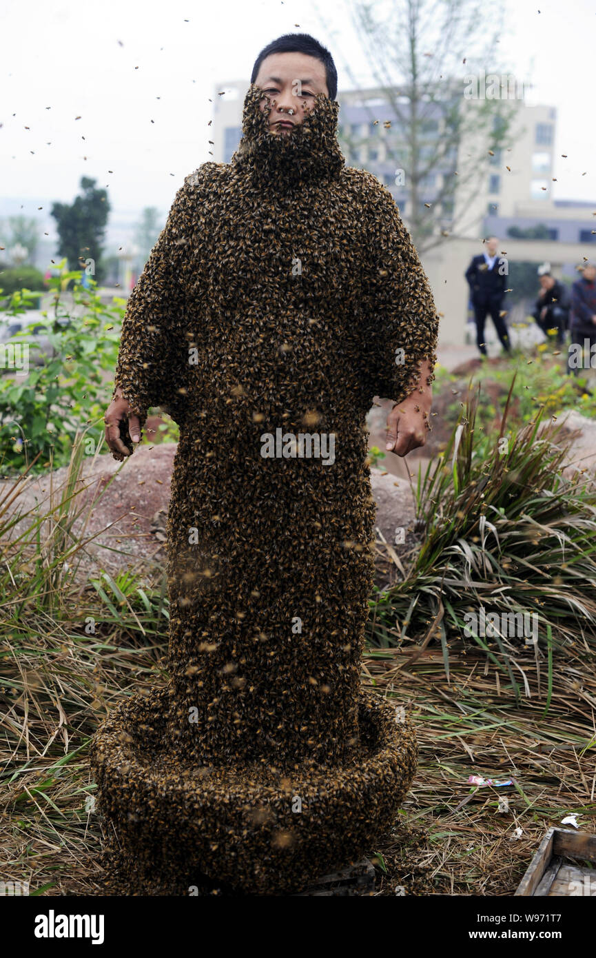Chinese beekeeper She Ping whose body is covered by bees poses during a ...