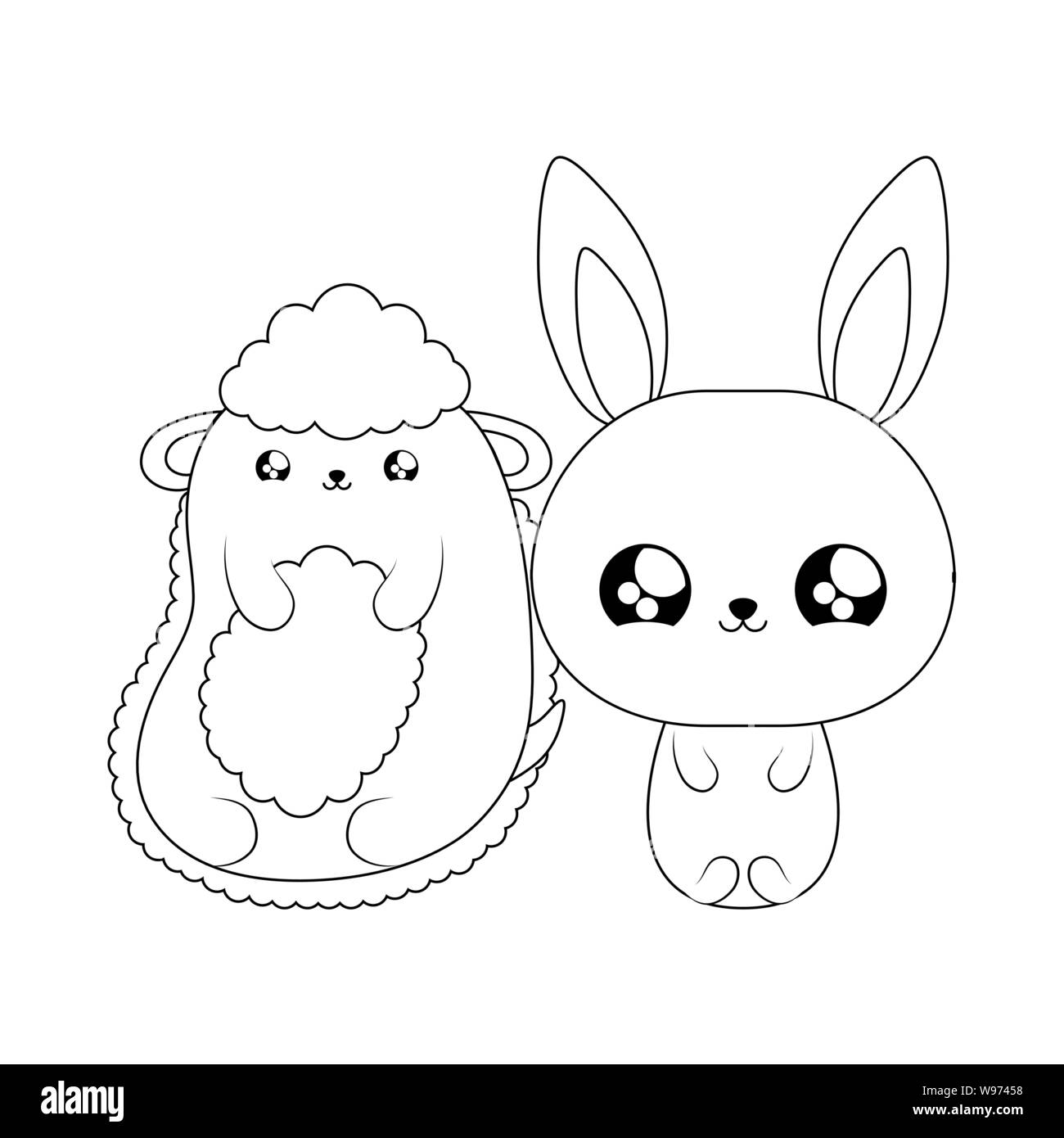 cute rabbit with sheep baby animals kawaii style vector illustration ...