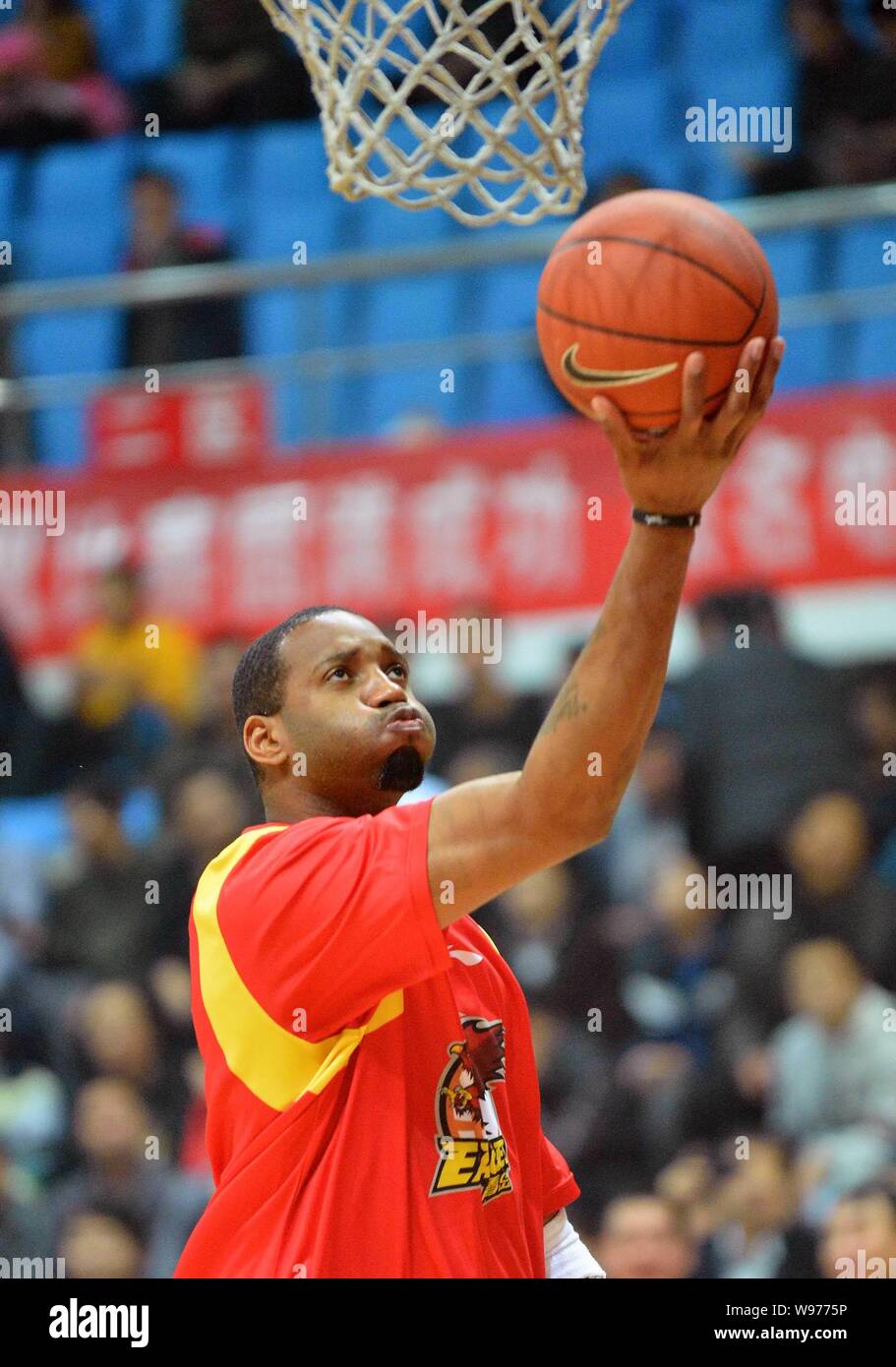 Tracy McGrady of the Qingdao Eagles warms up ahead of a friendly ...