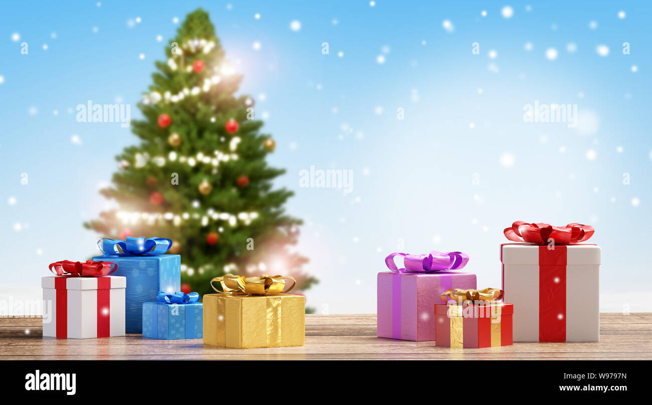 Christmas presents with decorated tree and snowflakes background 3d ...