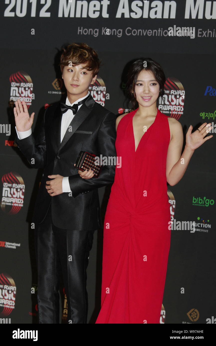 South Korean actress Park Shin-Hye, left, and actor Yoon Si Yoon pose ...
