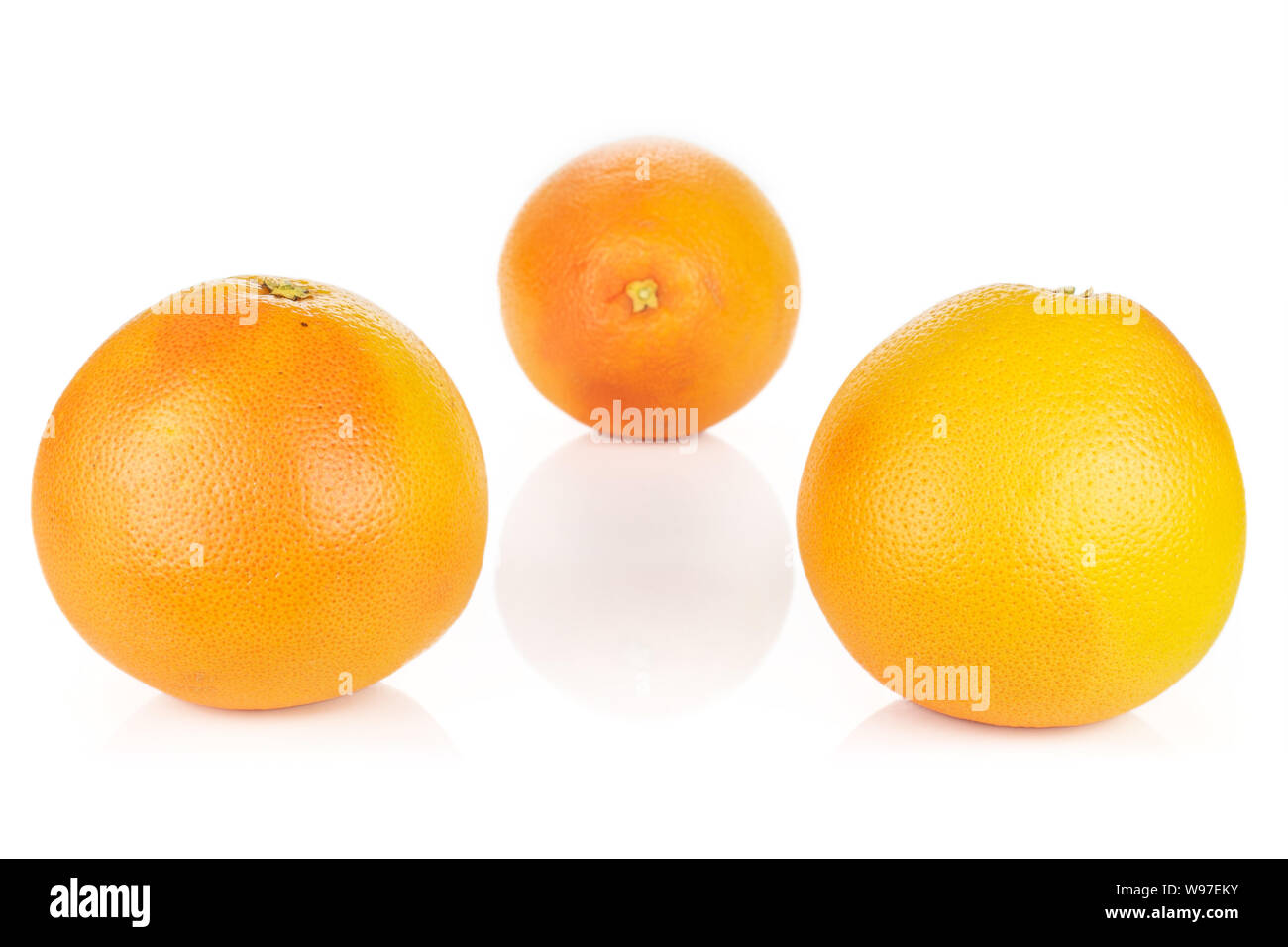 Group of three whole fresh pink grapefruit arranged symmetrically ...