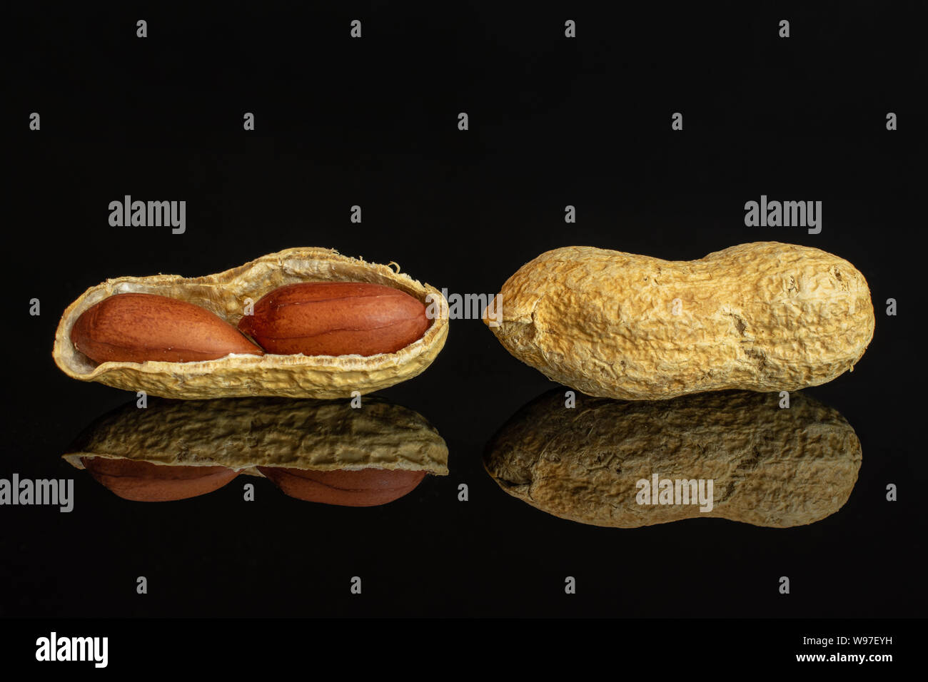 Group of two whole natural yellow peanut one is open isolated on black ...