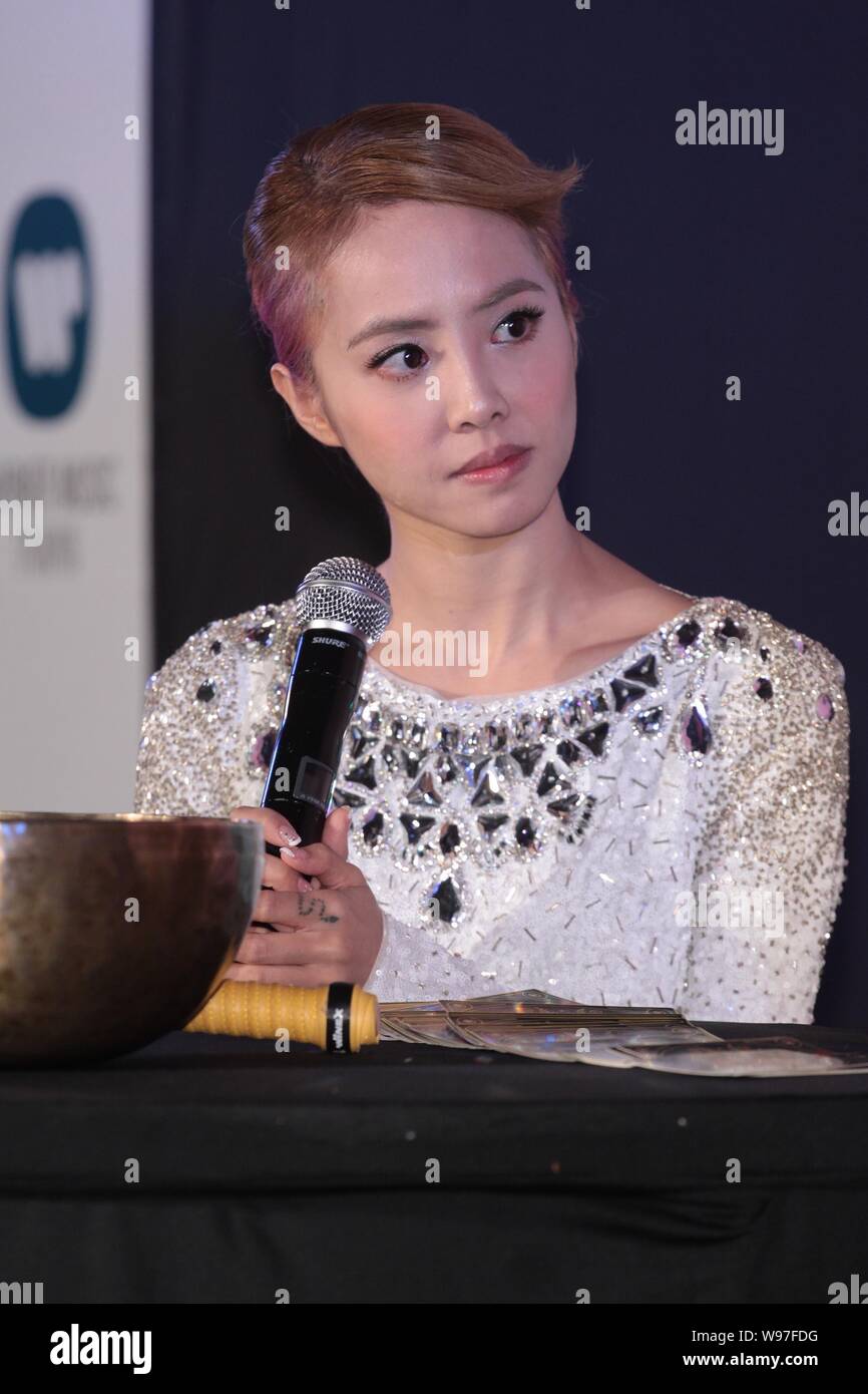 Taiwanese singer Jolin Tsai looks on at a celebration for her new music ...