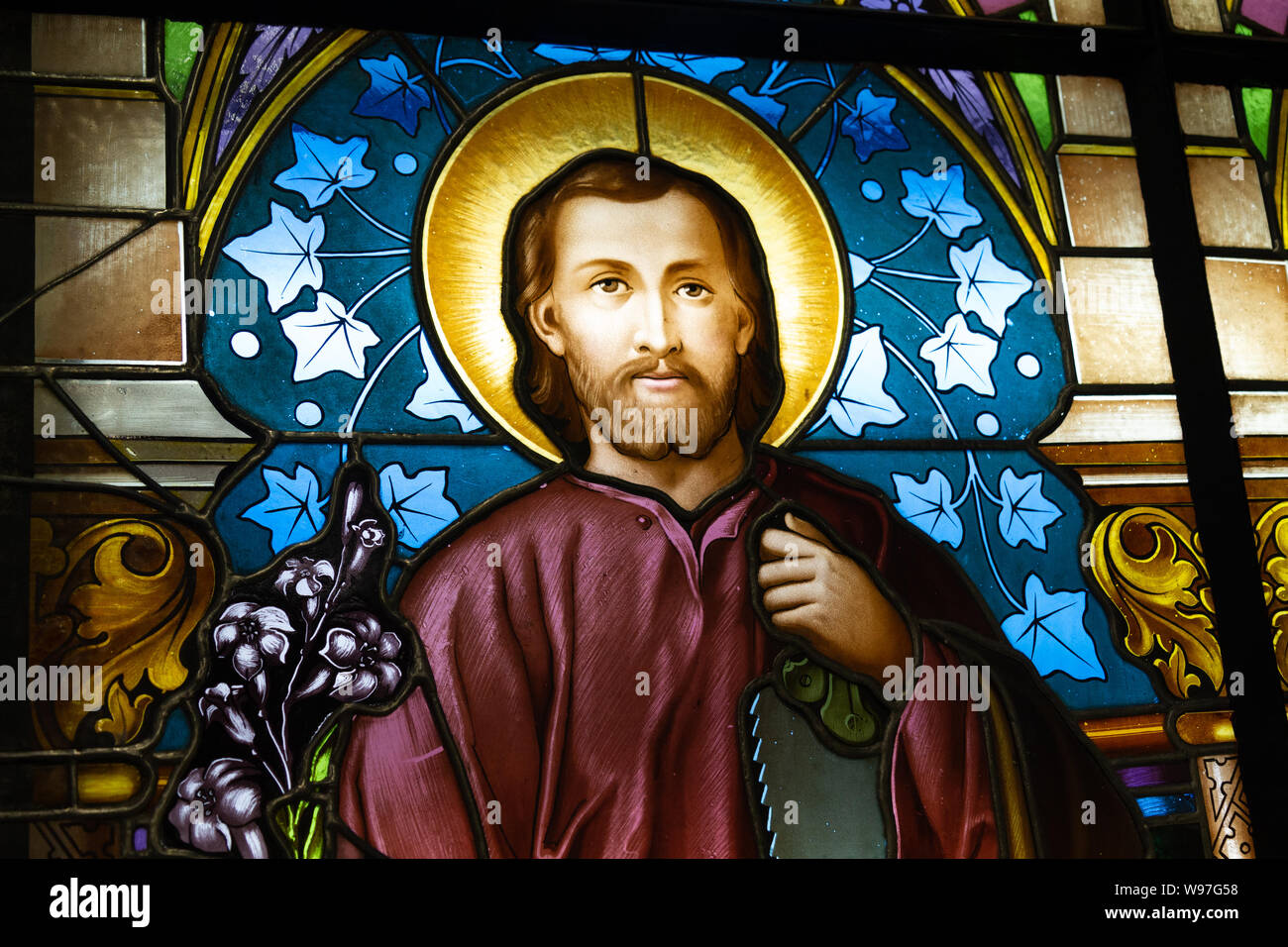 A stained-glass window depicting Saint Joseph. Displayed at the Bishop ...