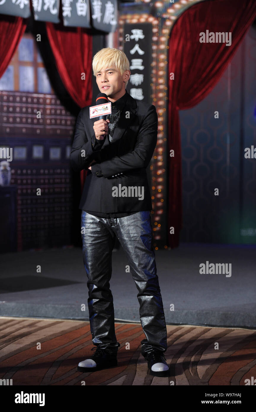 Taiwanese singer and actor Jay Chou poses at a press conference for his ...