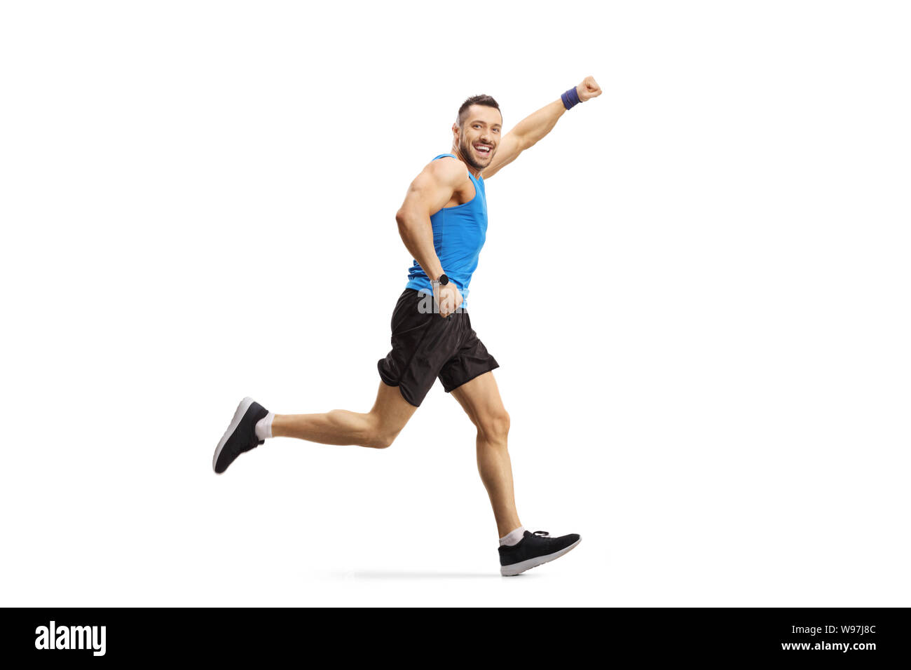 Young man running and gesturing with hand isolated on white background ...