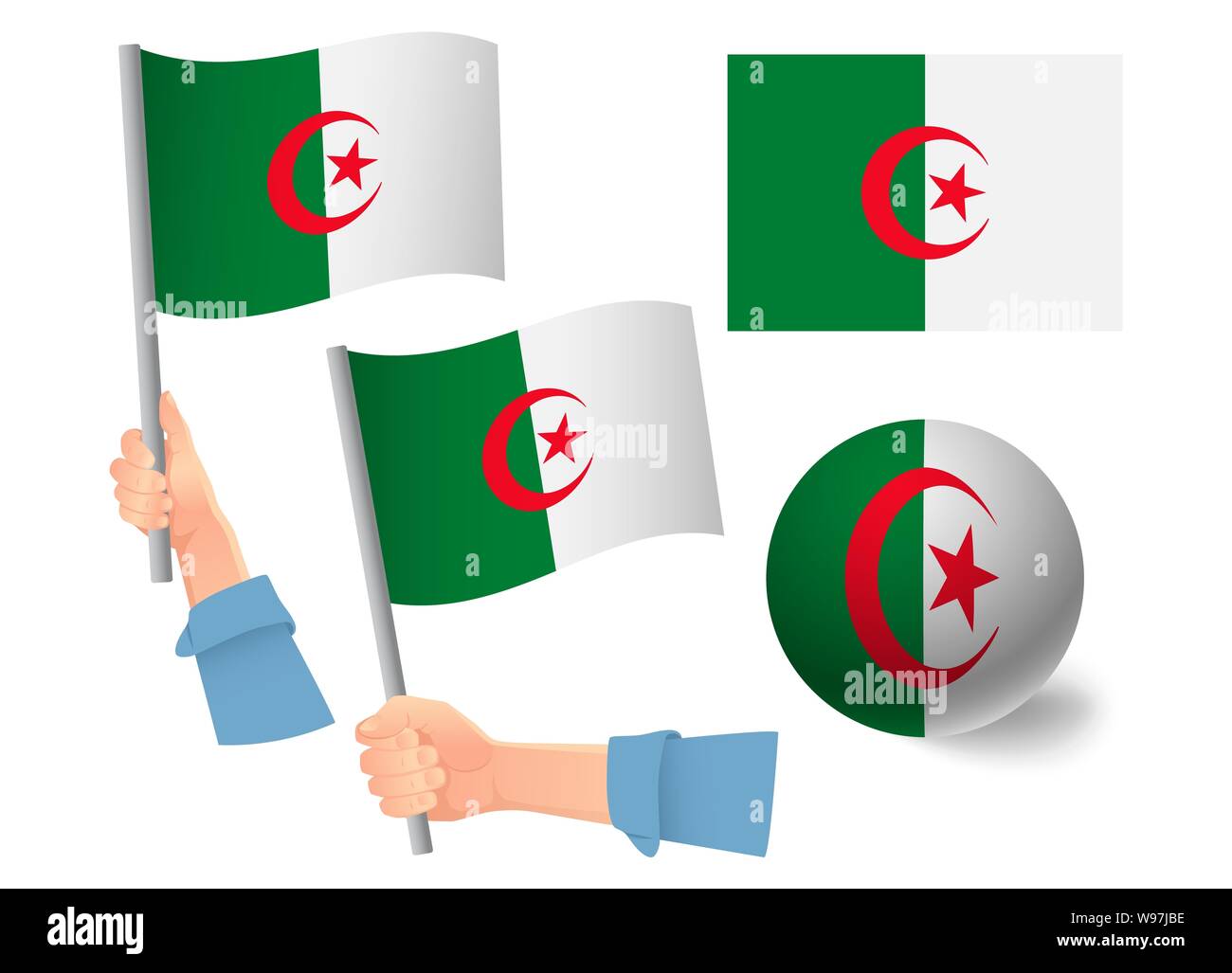 Algeria flag in hand set. Ball flag. National flag of Algeria ...