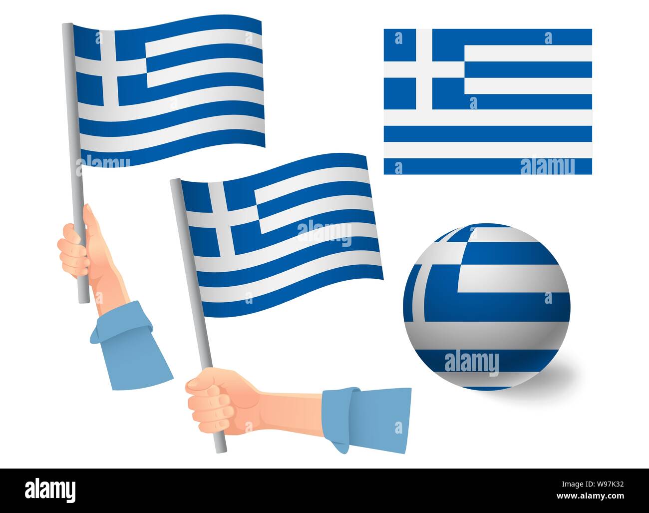 Greece flag in hand set. Ball flag. National flag of Greece ...