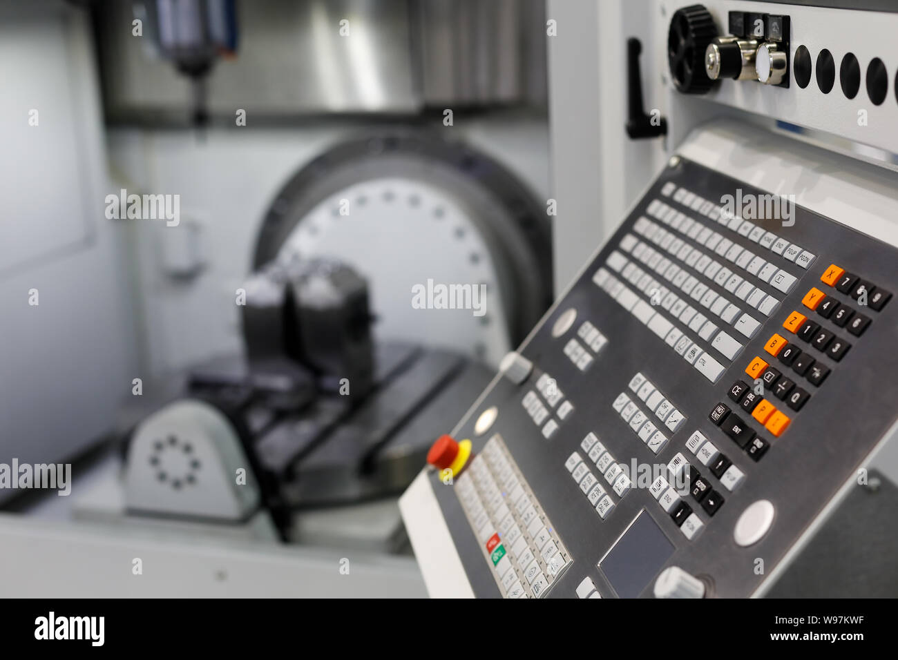 Control panel of 5 axis CNC milling machine. Selective focus Stock ...