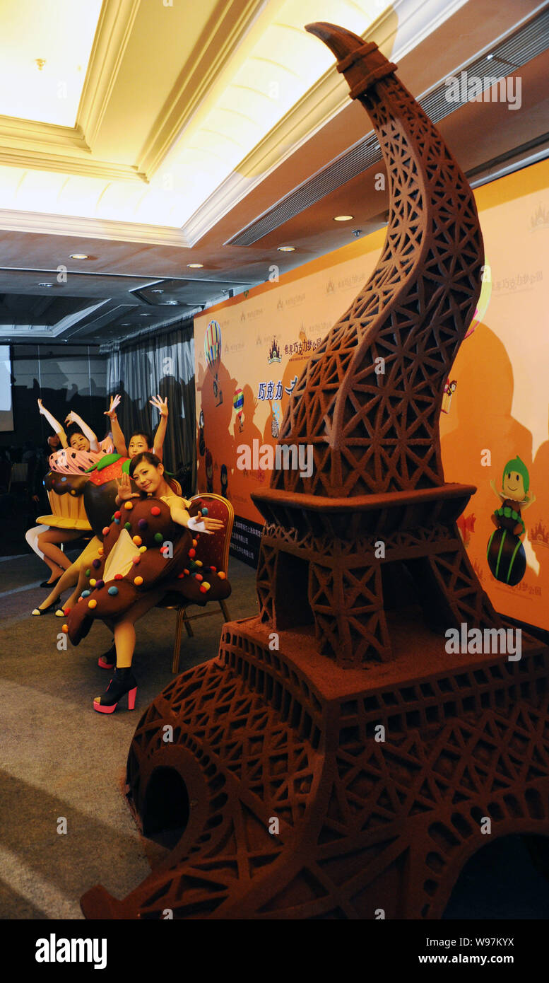 A chocolate-made model of French Eiffel Tower is displayed during the ...