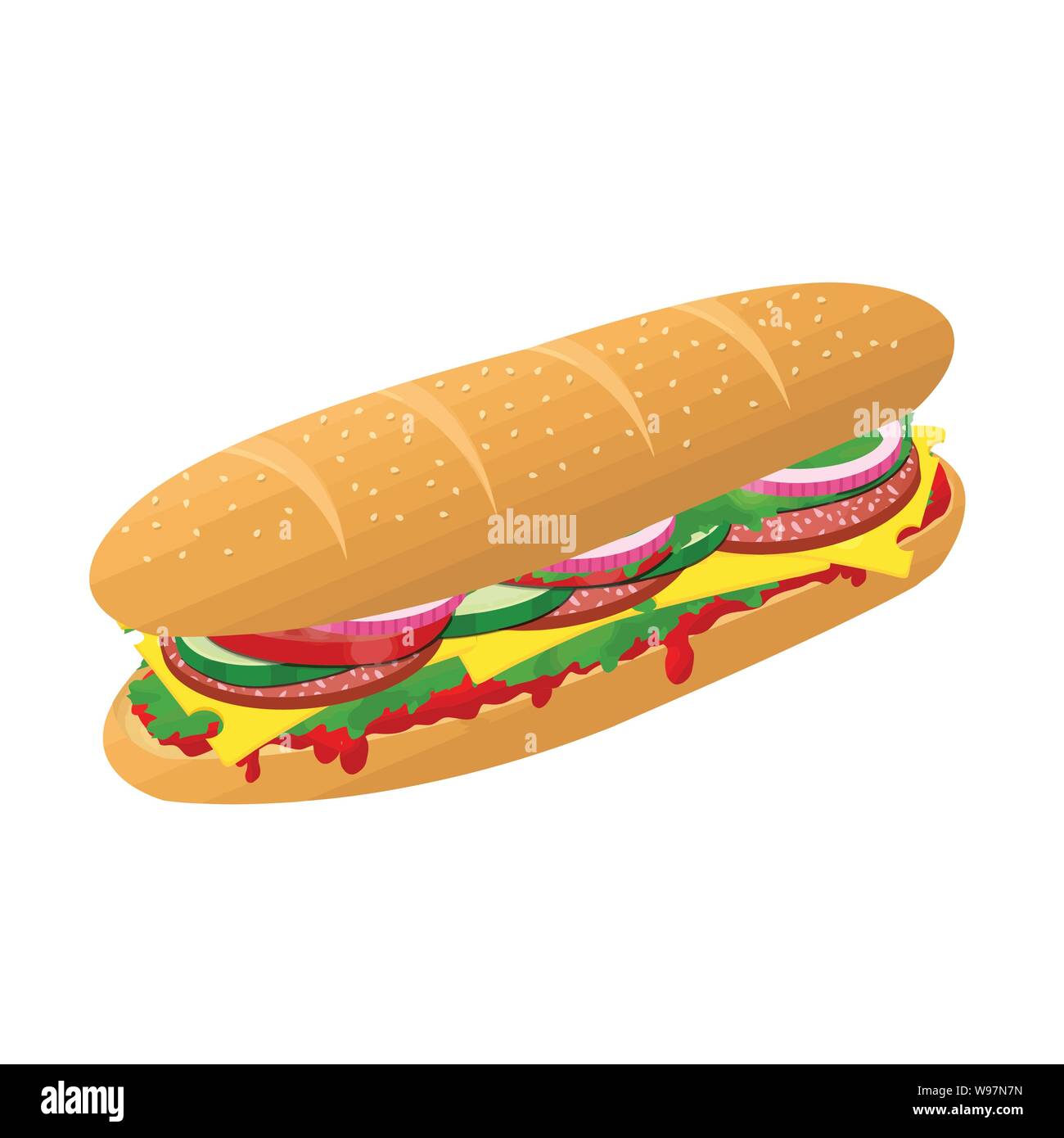 Submarine sandwich with cheese, salami and vegetables on white ...