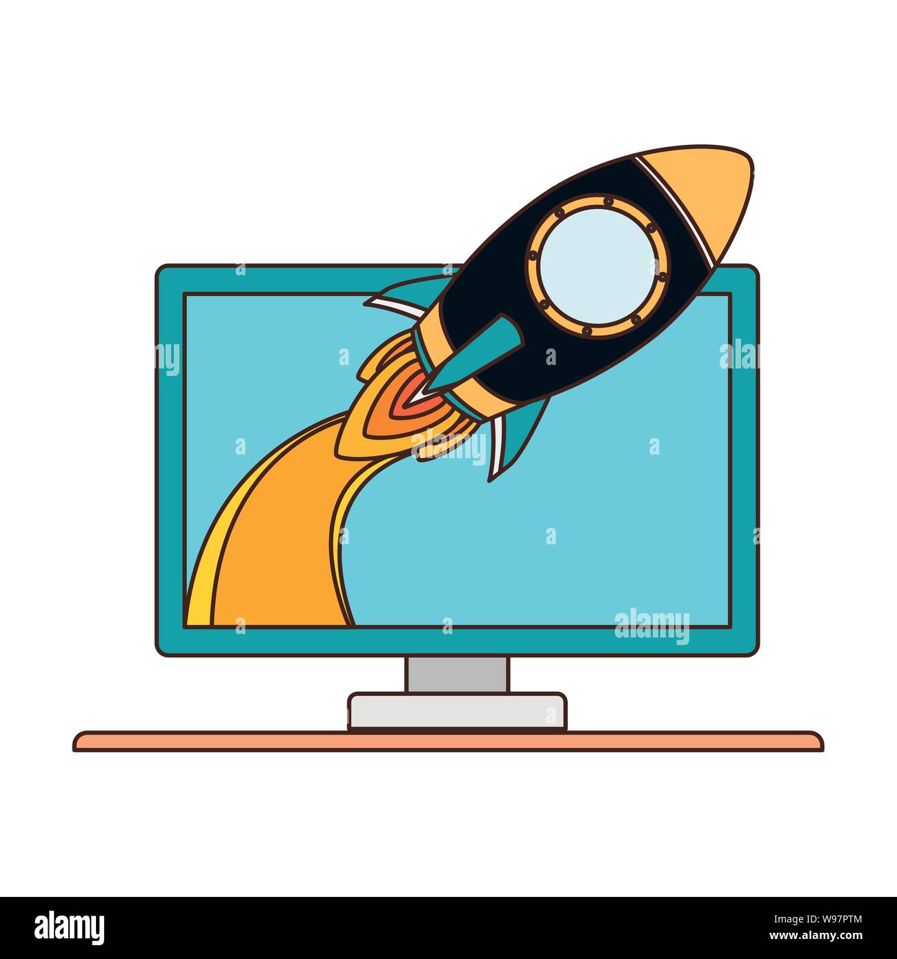 rocket coming out of computer screen of desktop Stock Vector Image ...