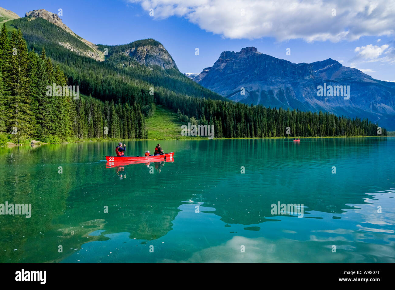 Red canoe, Emerald Lake, Yoho National Park, British Columbia, Canada ...