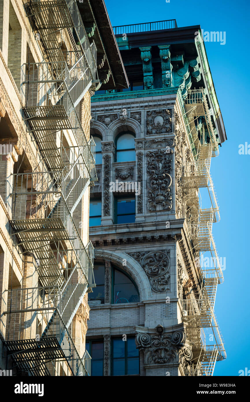 Bright sunny detail view of old Beaux-Arts Silk Exchange Building with ...