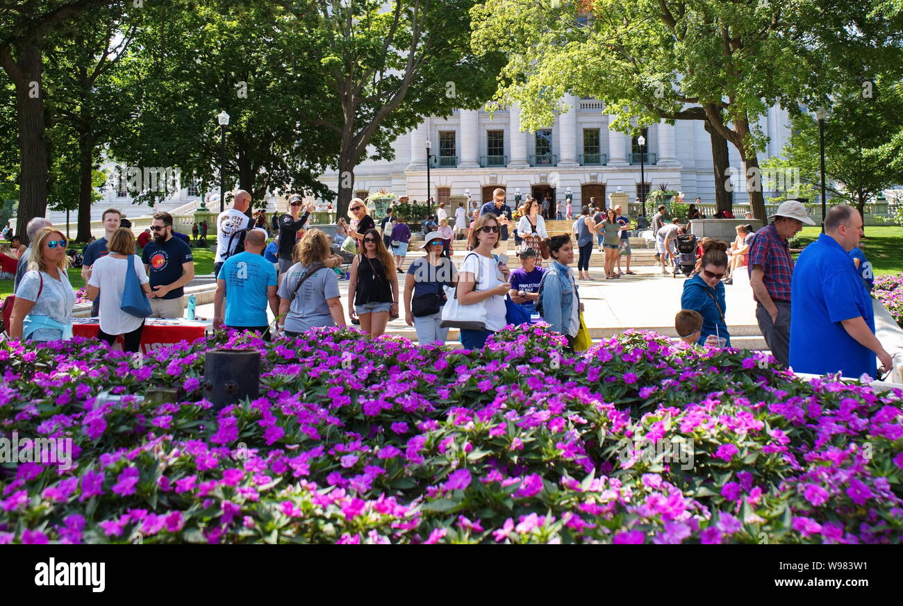 Farmers Market, Madison, WI USA. Aug 2018. People walking towards the ...