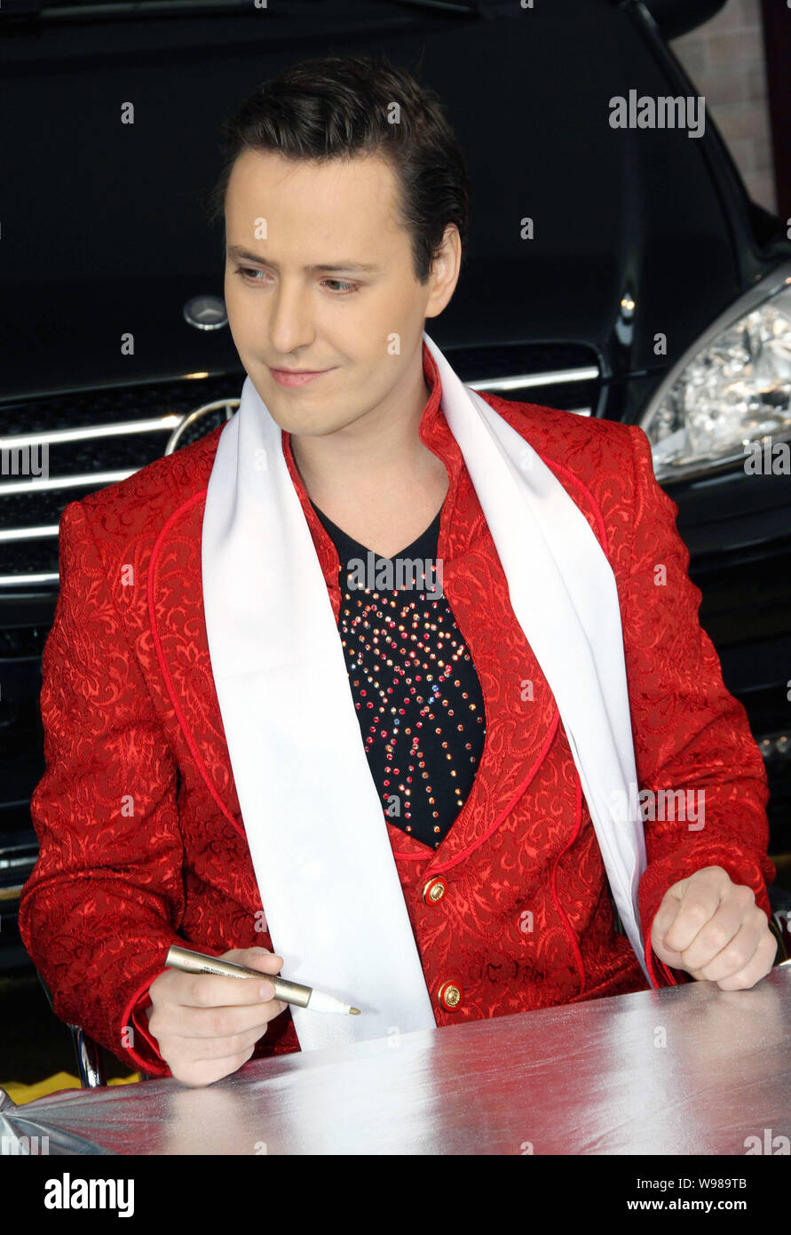 Russian singer Vitas is pictured at the booth of Mercedes-Benz at the ...