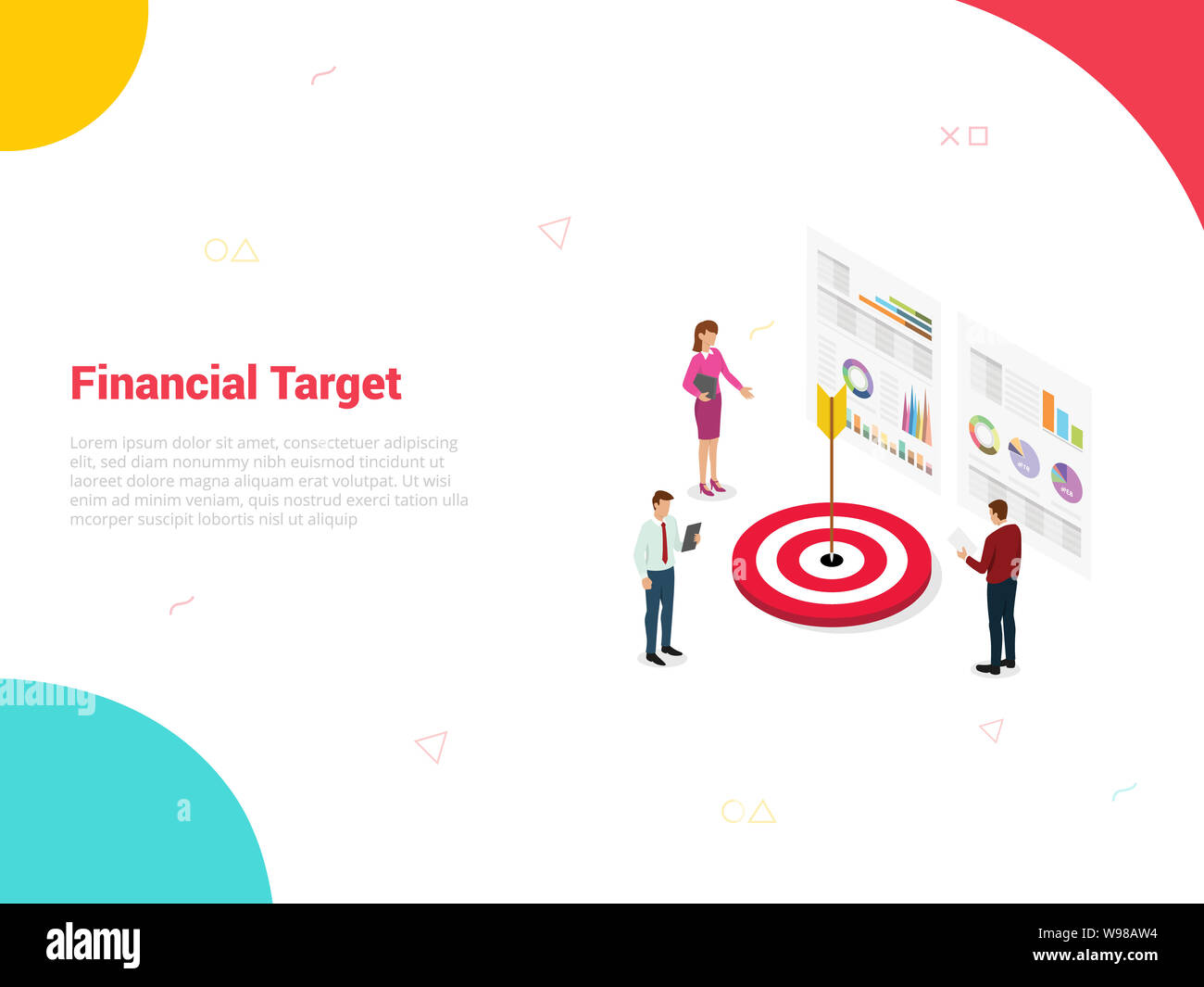 financial target company with big dart and team office people around it ...