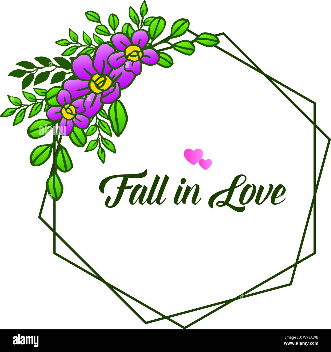 Lettering text fall in love, with purple flower frame. Vector ...