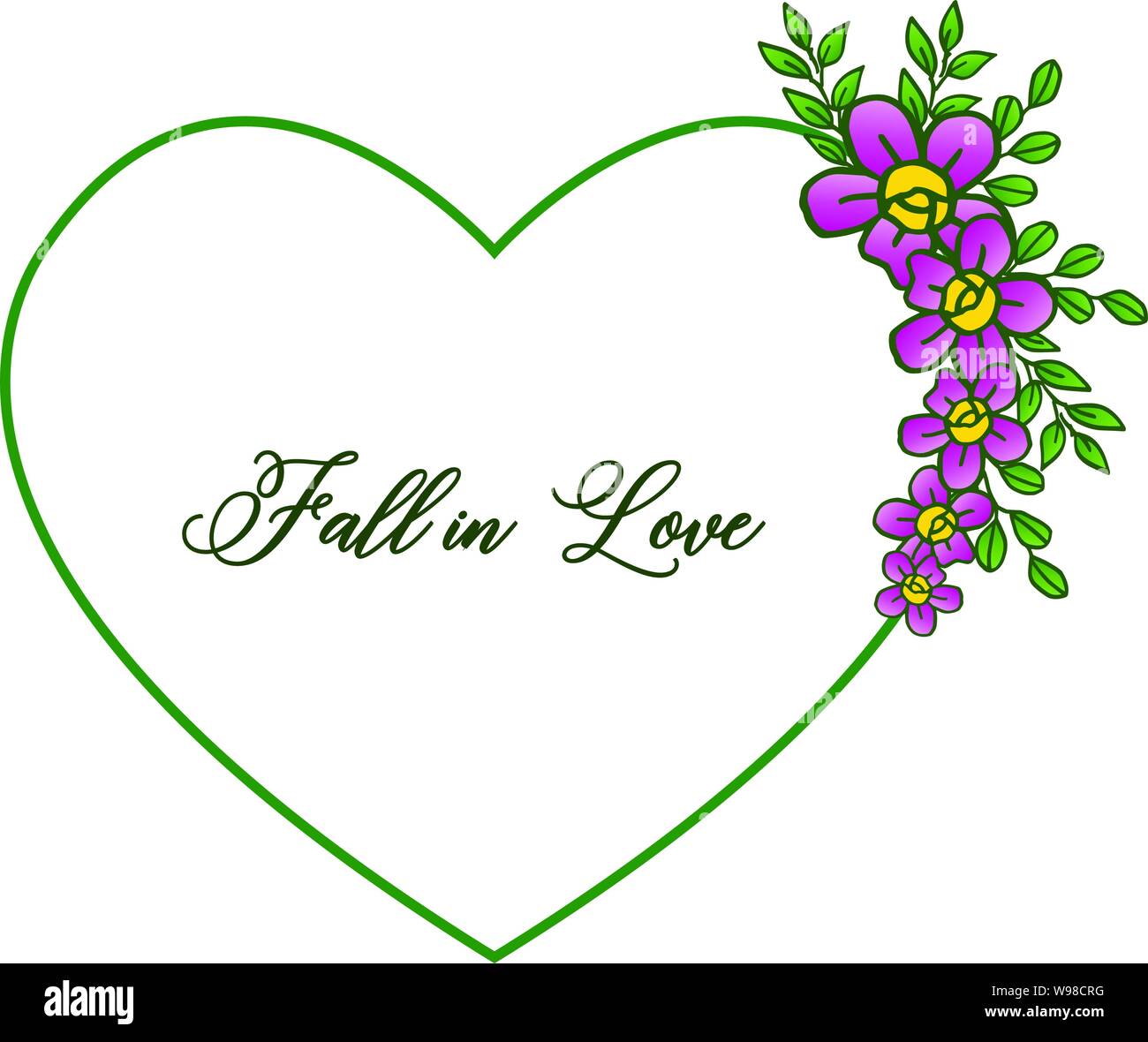 Calligraphic text fall in love, with design purple floral frame. Vector ...