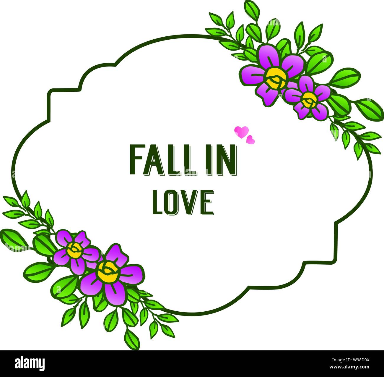 Calligraphic text fall in love, with design purple floral frame. Vector ...