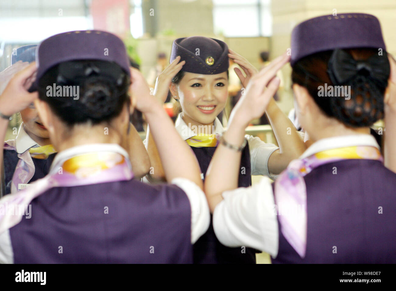 Chinese train attendants for the Beijing-Shanghai High-speed Railway ...