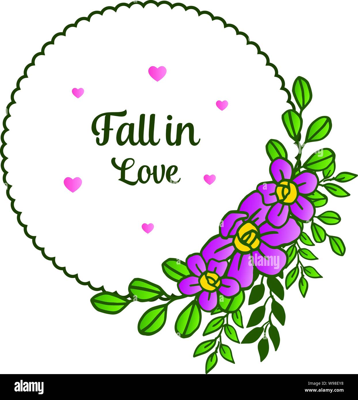 Calligraphic text fall in love, with design purple floral frame. Vector ...