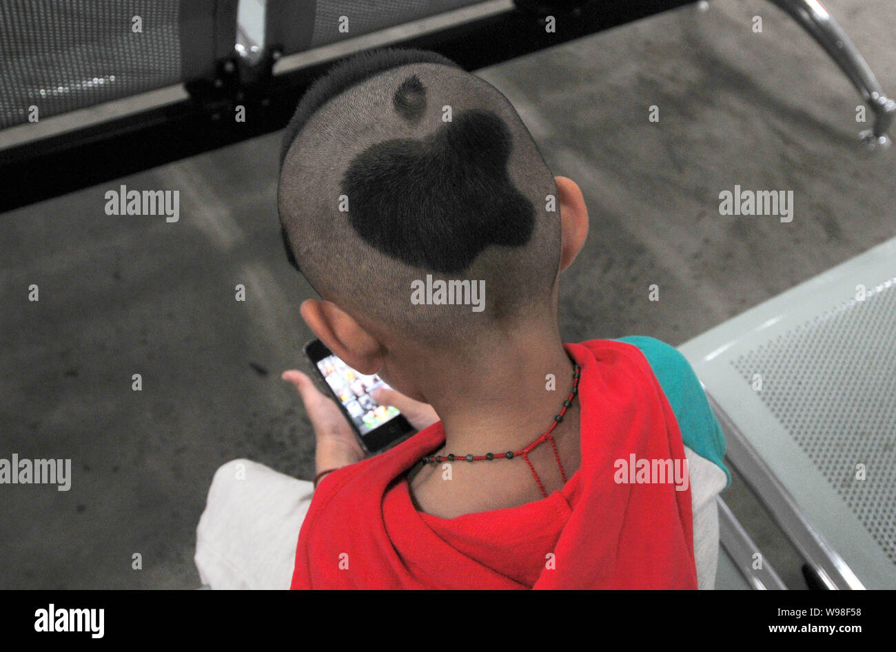 A young Apple fan with his hairstyle cut in form of the Apple logo is ...
