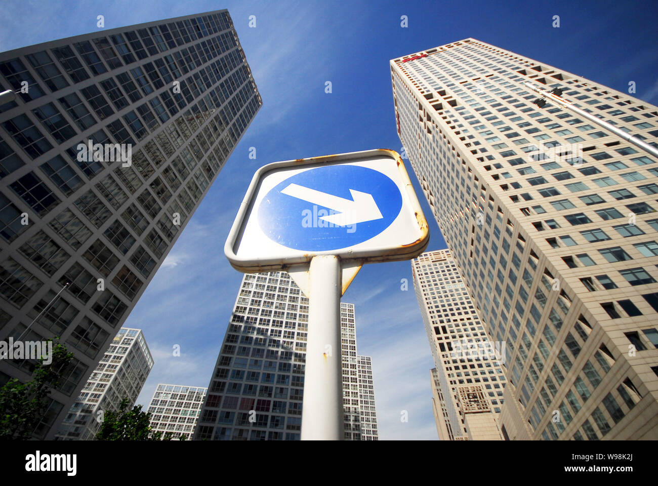 --FILE--A downward sign is pictured amid high-rise office buildings of ...