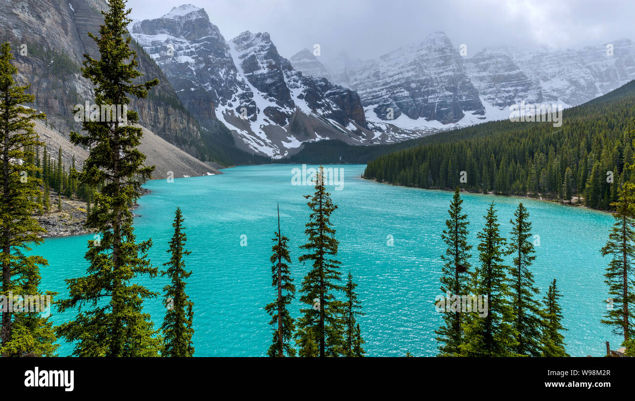 Valley of the Ten Peaks - A panoramic view of Moraine Lake at Valley of the Ten Peaks on a ...