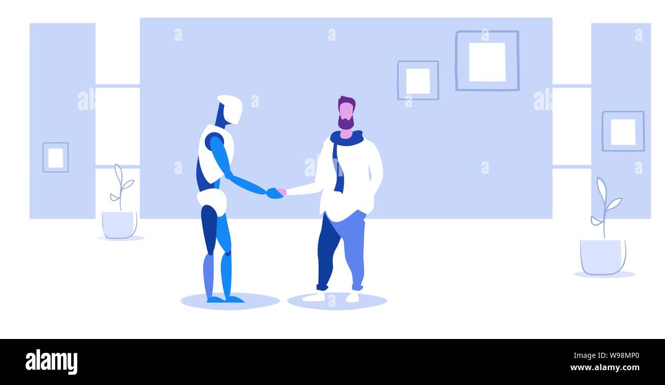 man handshaking with robotic person futuristic artificial intelligence ...