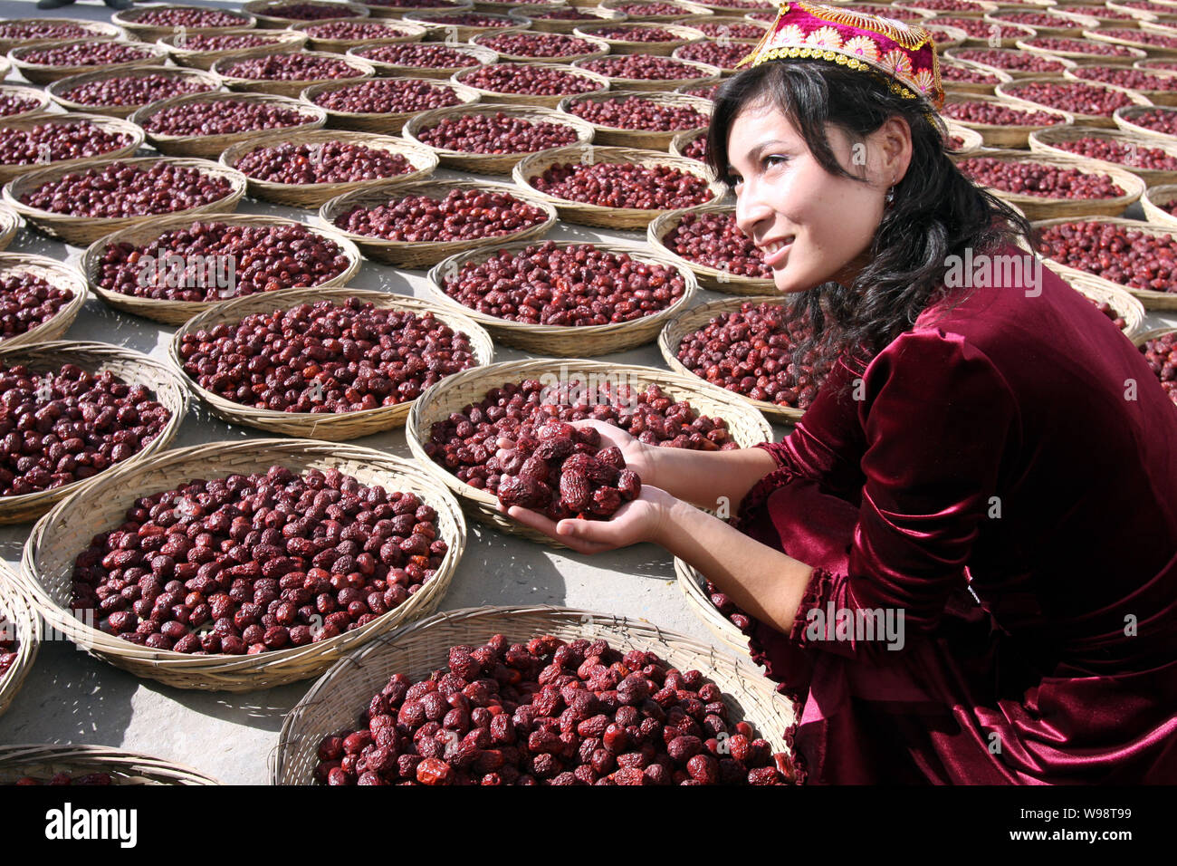--FILE--A young Chinese Uighur woman dries jujube fruits, also called ...