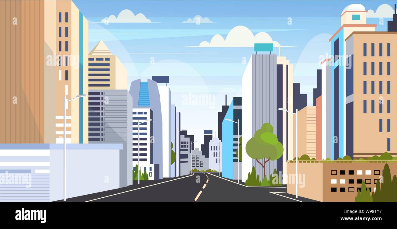 highway asphalt road city skyline modern buildings high skyscrapers ...