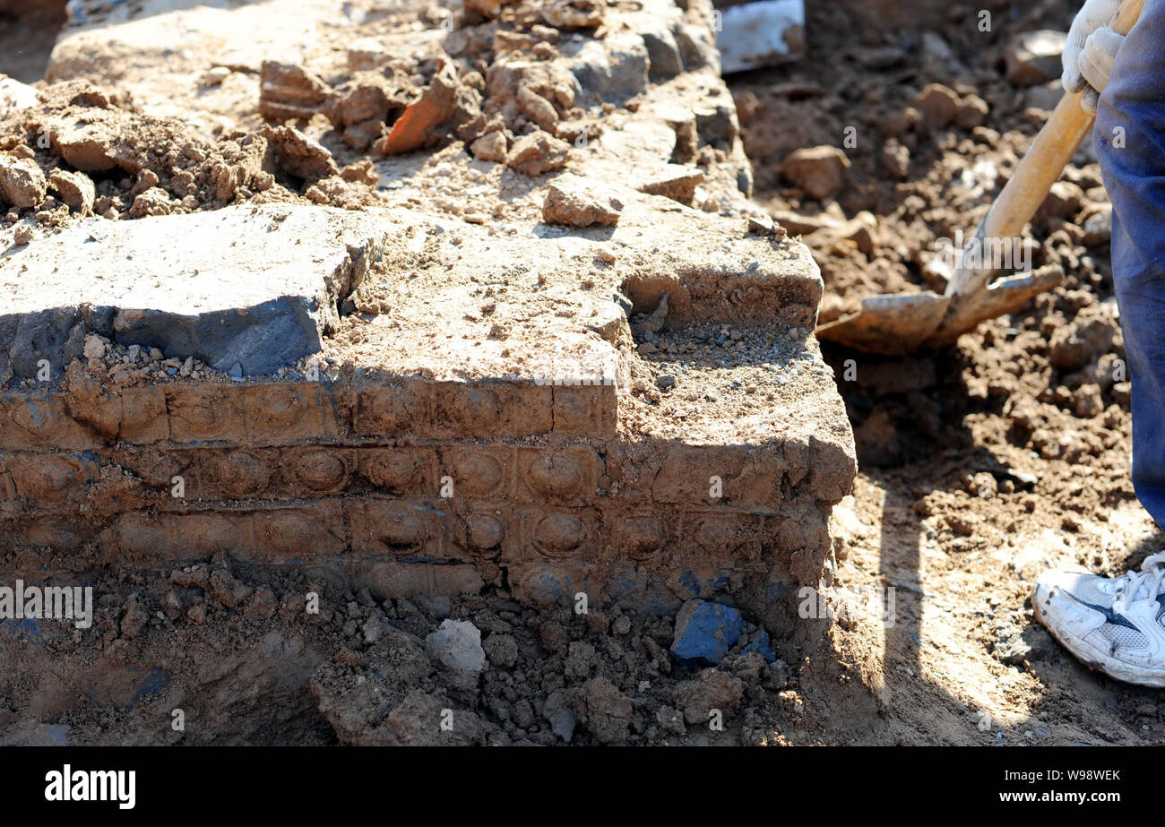 Special patterned bricks of the joint burial tomb are pictured in ...