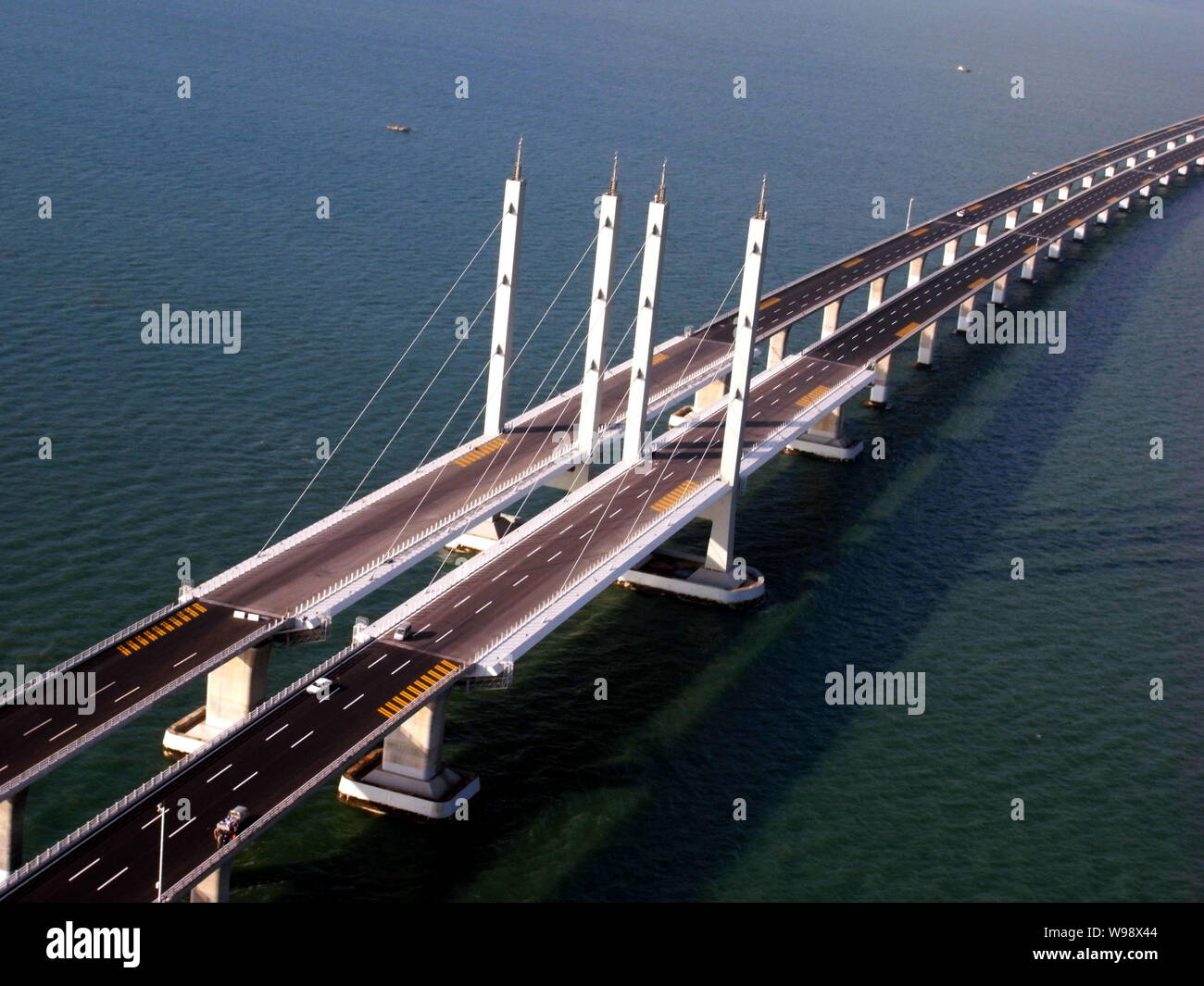 --FILE--Aerial view of the Jiaozhou Bay Bridge, also called the Qingdao ...