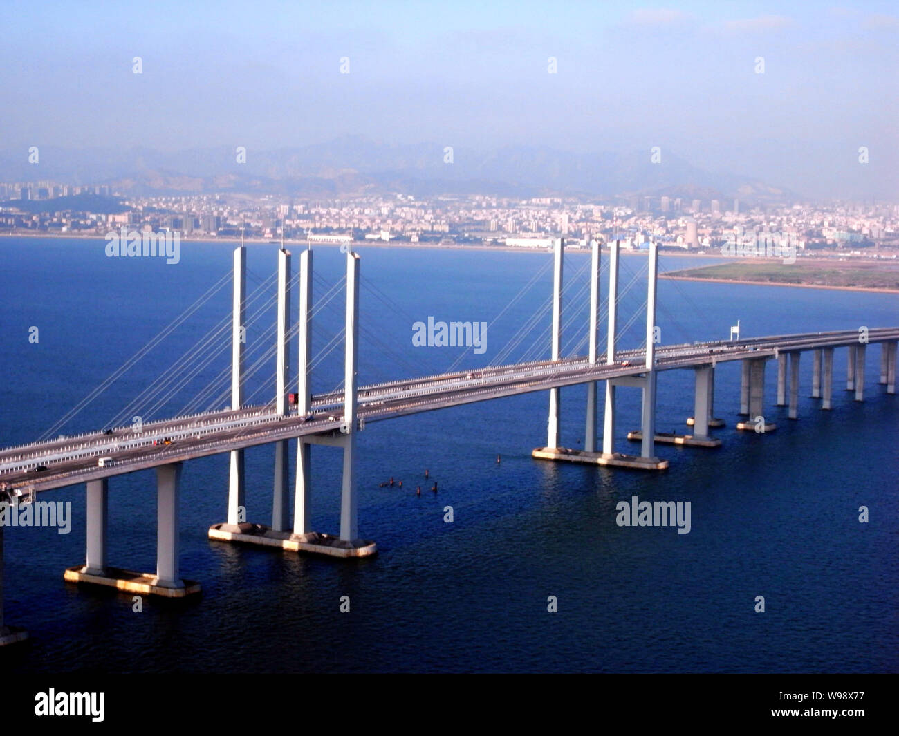 --FILE--Aerial view of the Jiaozhou Bay Bridge, also called the Qingdao ...