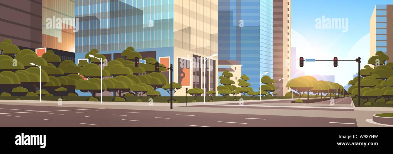 beautifil city street asphalt road with traffic light high skyscrapers ...