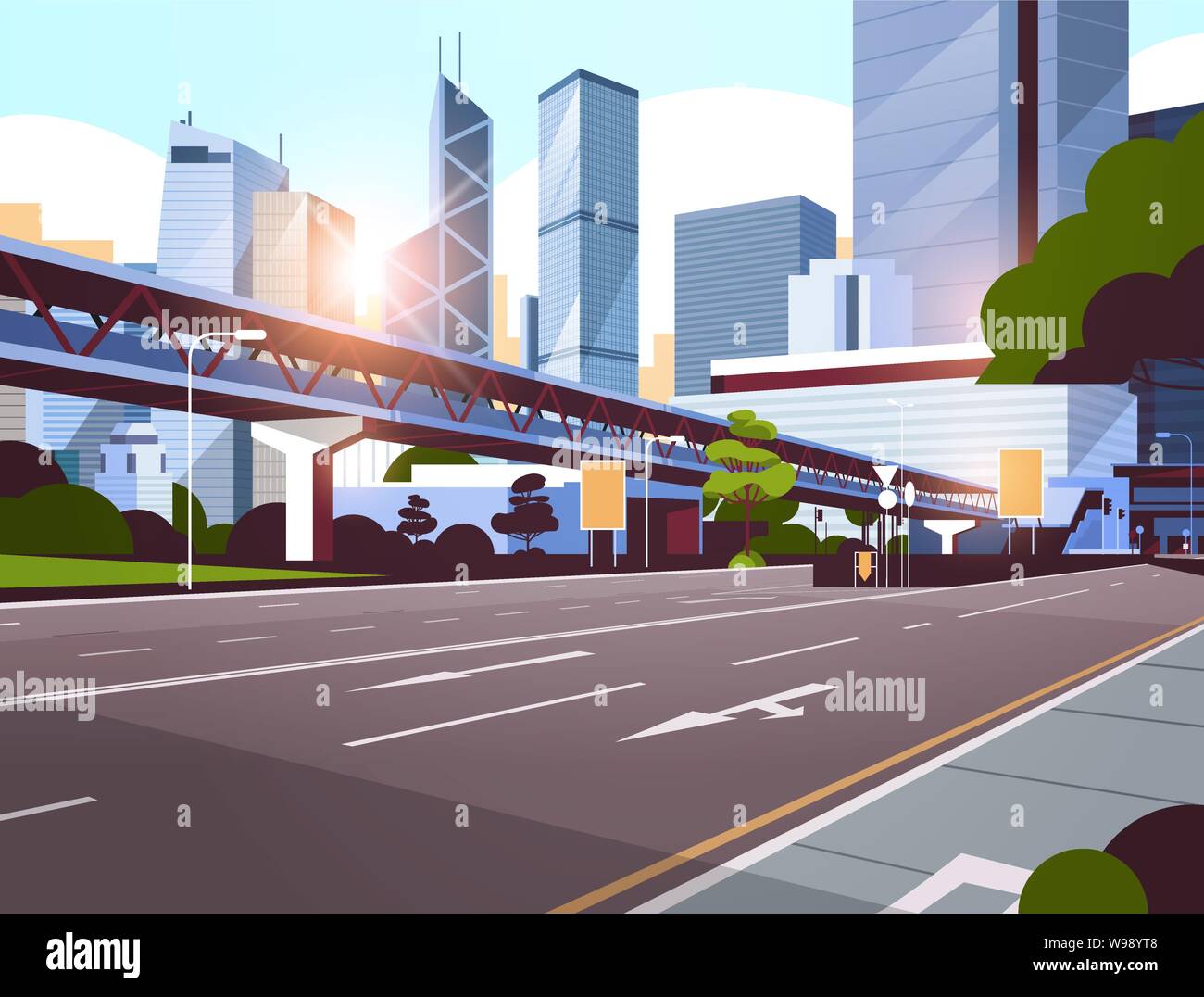 highway road to city skyline with modern skyscrapers and subway ...