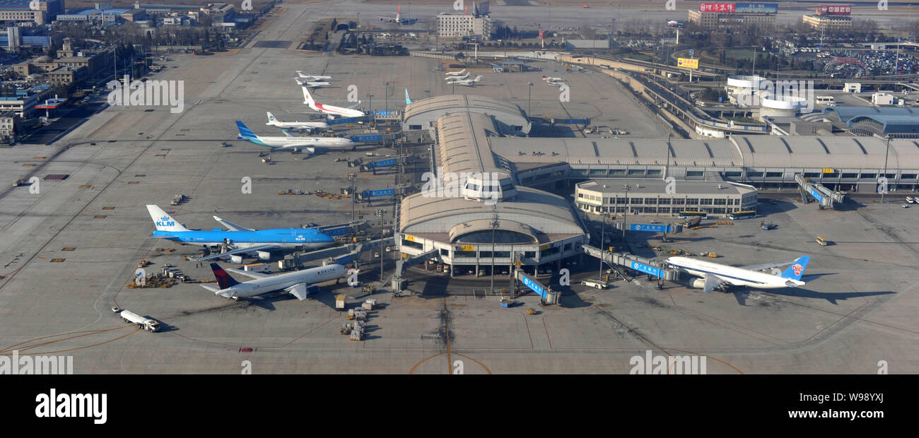 --FILE--Aerial view of jet planes at the Terminal 1 of the Beijing ...