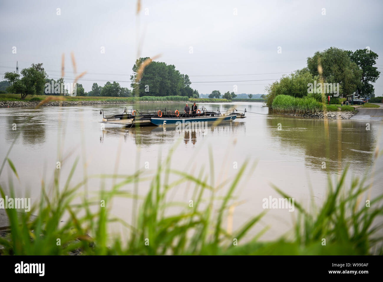 Leer, Germany. 11th July, 2019. Two ferrymen pull the ferry Pünte over ...
