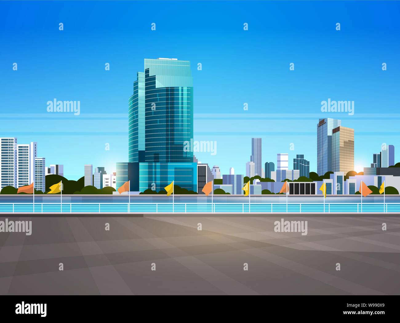 city skyline modern skyscrapers fence and river against cityscape ...