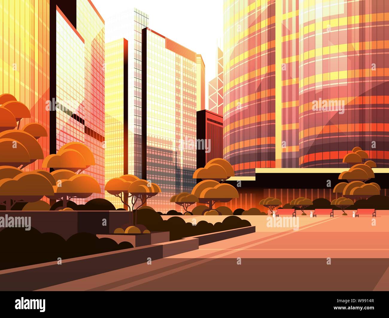 beautifil city street sunset skyline high skyscrapers modern cityscape ...